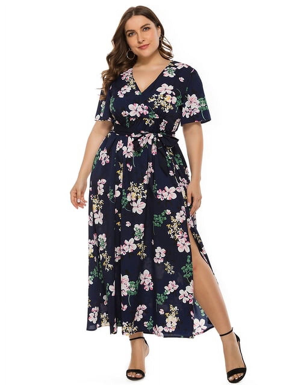 Plus Size Floral Print Short Sleeve Maxi Long Bohemian Casual Dresses ...