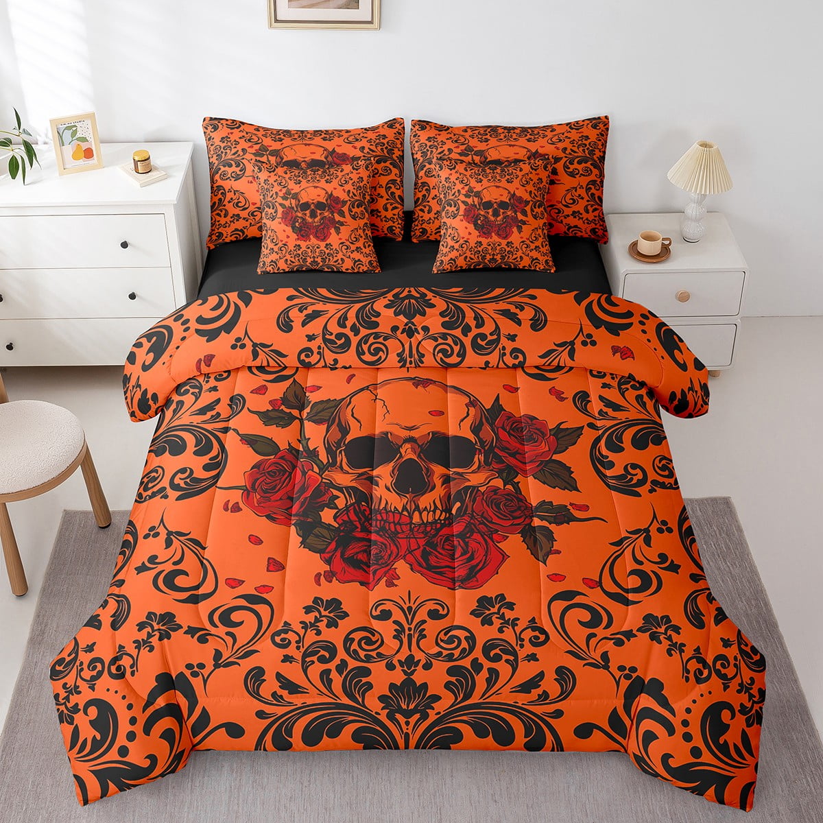 Click here for Yst Rose Skull Full Comforter Set 7 Piece orange B... prices