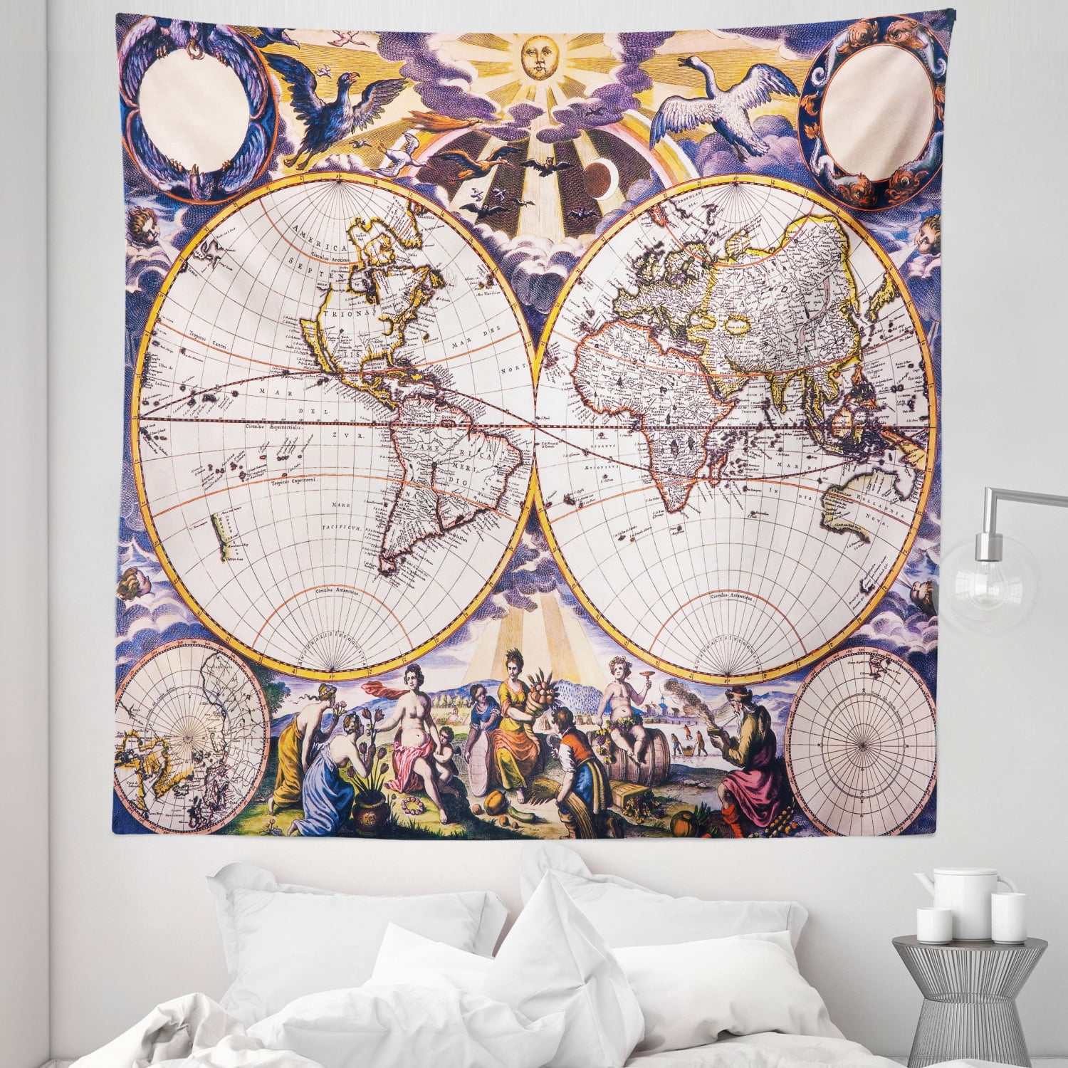 World Map Tapestry, Antique Map with Farmers Field Sun Birds Clouds ...