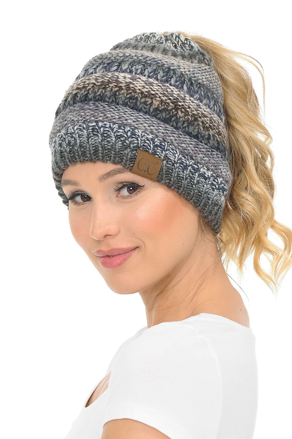 C.C MB-705 Soft Stretch Cable Knit Warm Hat High Bun Beanietail ...