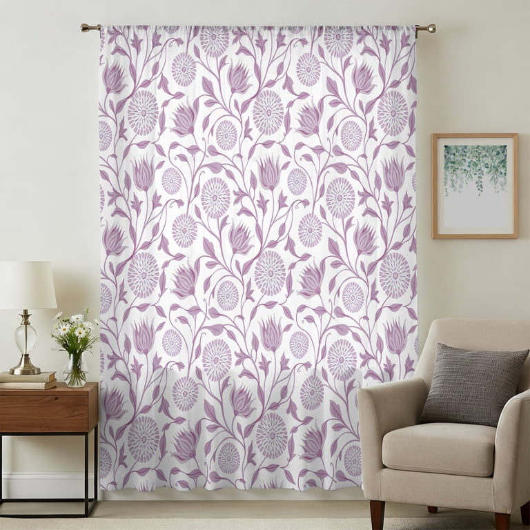 Purple Flowers Semi Sheer Curtains Drapes for Living Room, Bedroom ...