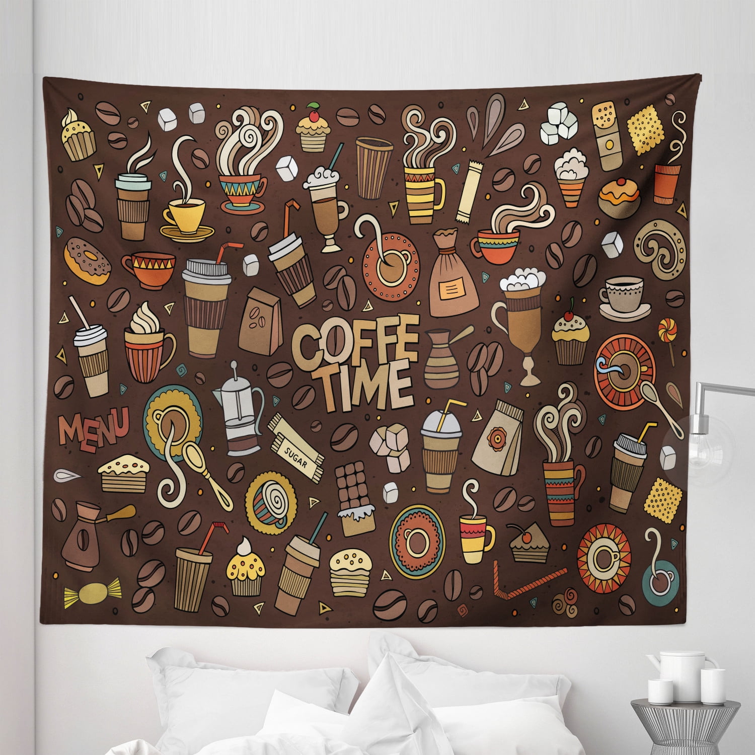Coffee Tapestry, Hand Drawn Cartoon Coffee Time Theme Sweets and Drinks ...