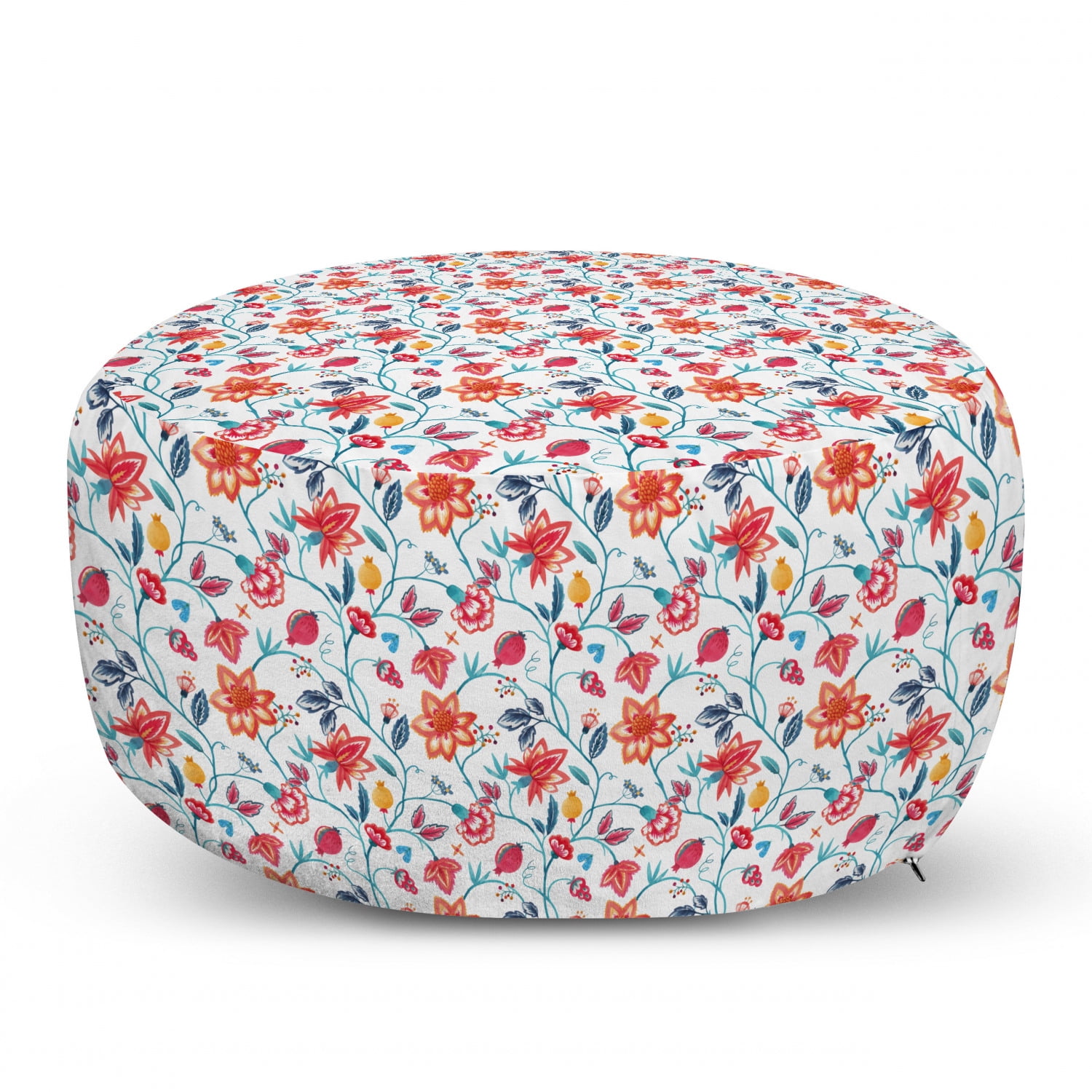Floral Pouf Cover with Zipper, Botanical Pattern Hand Drawn Colorful ...