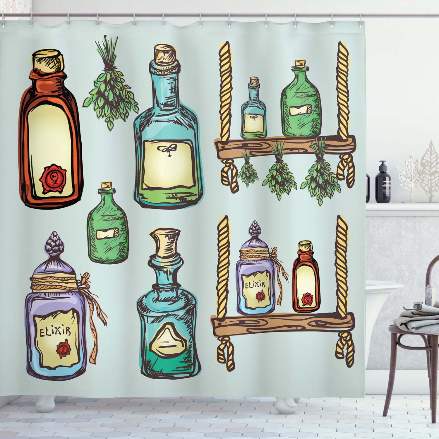 Apothecary Shower Curtain, Retro Alchemy Magic Craft Elixir Herbal Cure ...