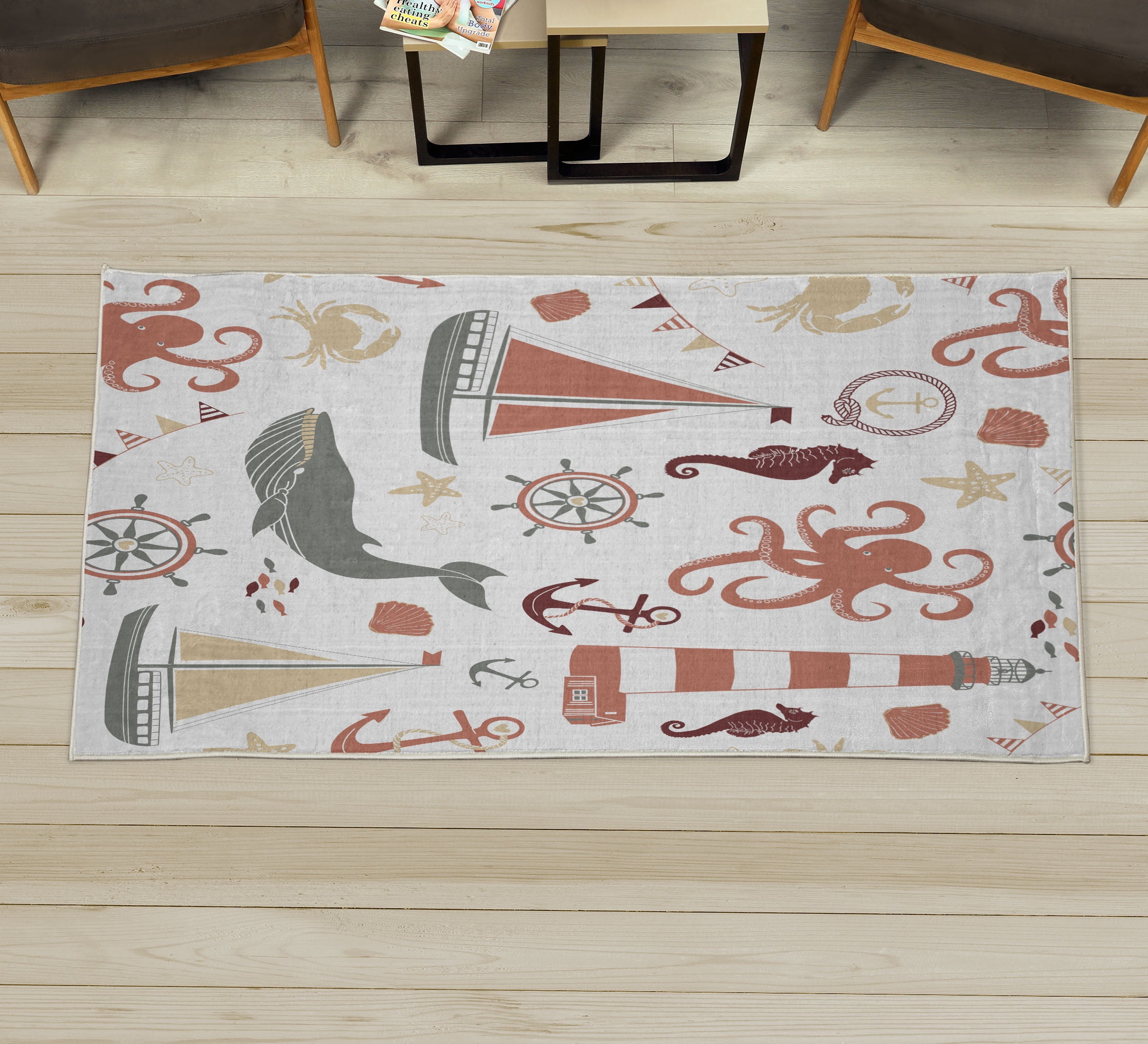 Nautical Decorative Rug, Pastel Colored Composition of Lighthouse ...