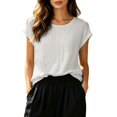 HongQid Women's Cotton Tops Crinkle T Shirt Crew Neck Cap Sleeve Casual ...
