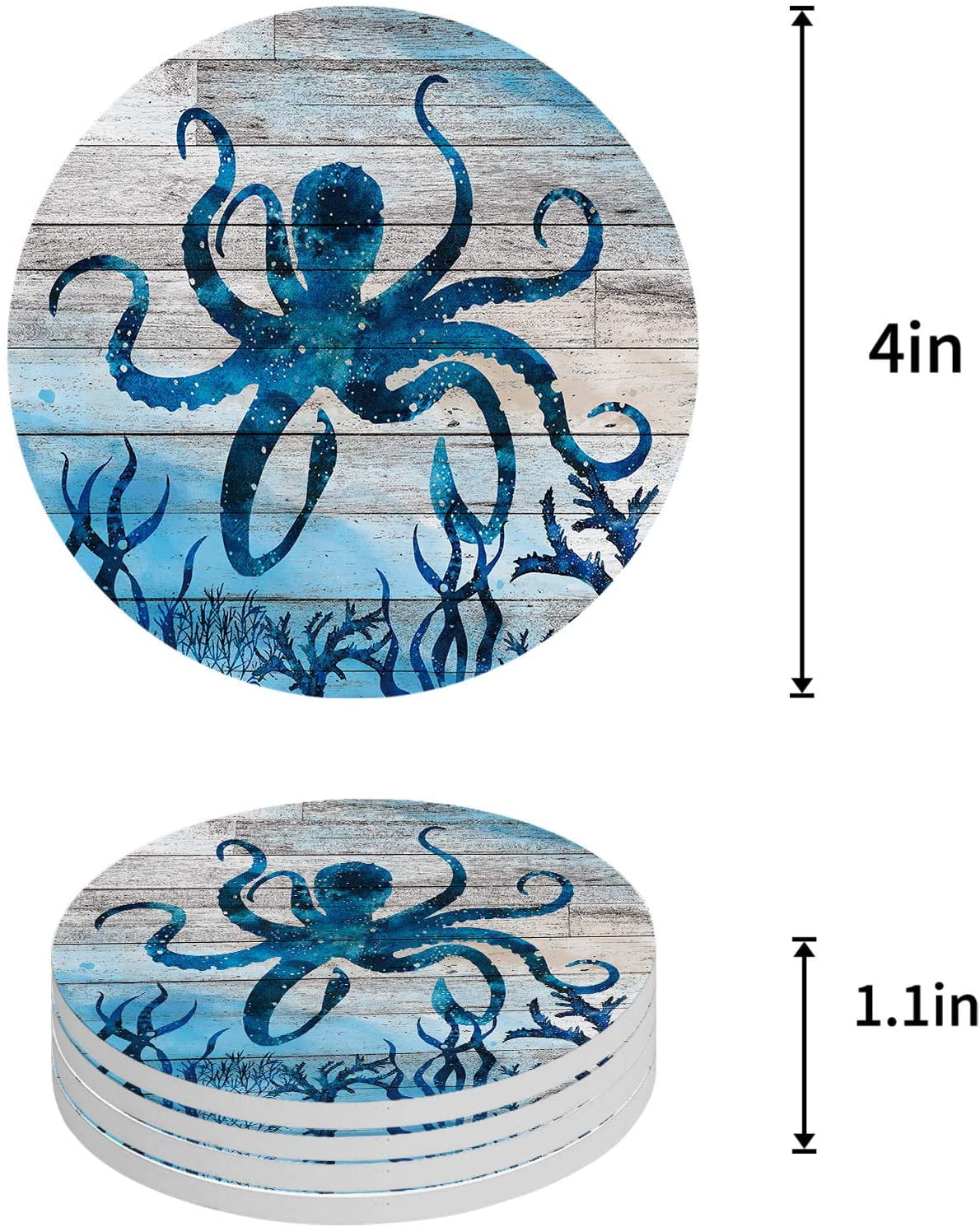 FMSHPON Theme Octopus Coral Wood Grain Set of 6 Round Coaster for ...