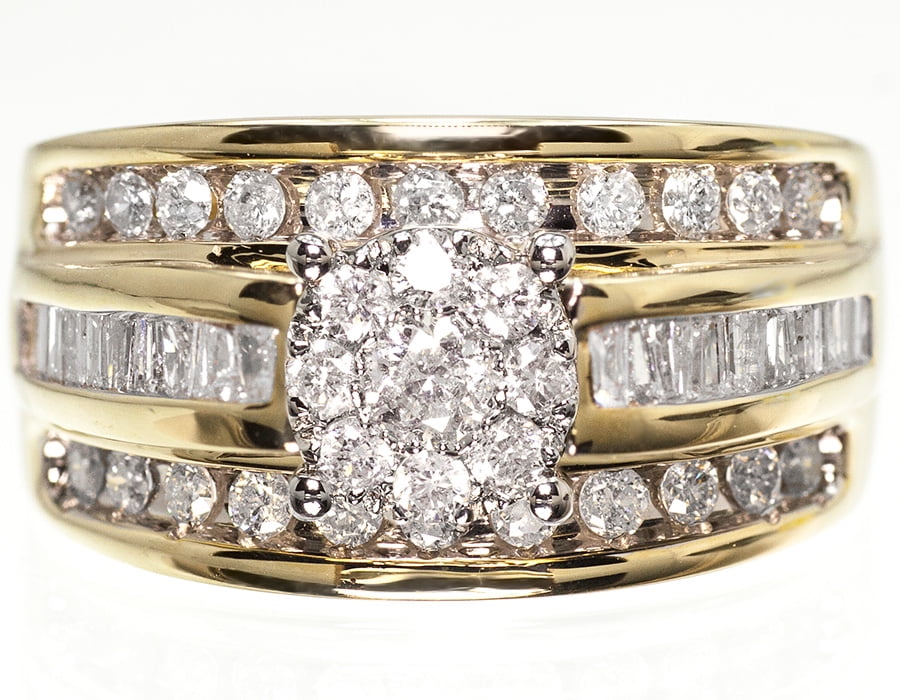 Jewelry Unlimited - 10k Yellow Gold Ladies 3 Row Cluster Diamond ...