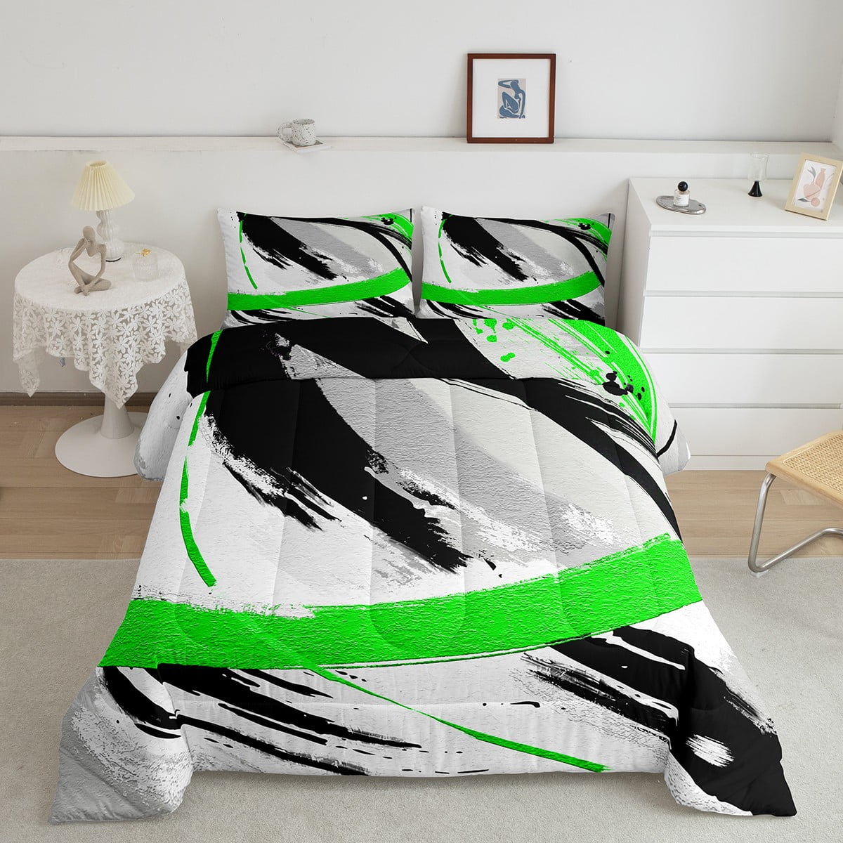 YST Black Grey Green Bedding Queen Size Brush Strokes Oil Painting Comforter Set Gradient Abstract Vintage Duvet Insert Ombre Graffiti Quilt Sets