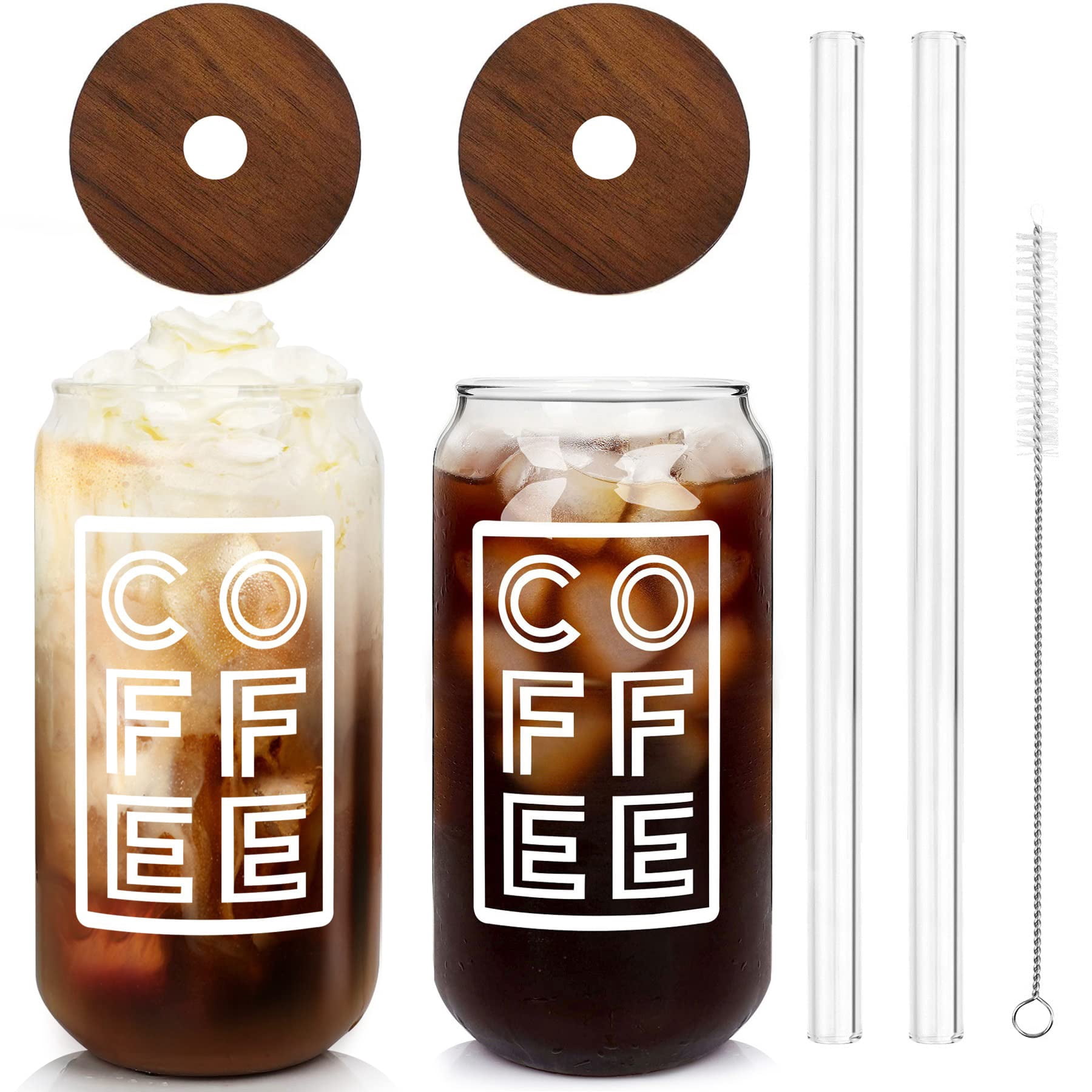 Iced Coffee Cup with Lids and Straw, Beer Can Glass with Wooden Cover ...