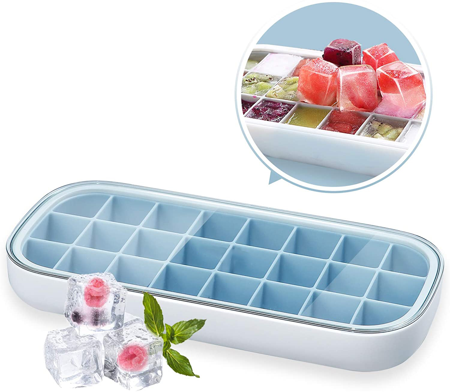 Ice Cube Tray with Lid, Stackable Silicone Ice Cube Tray No Spill and ...