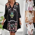 2026 New Women's Boho Floral Print Mini Dress, V-Neck Lace Trim 3/4 ...