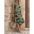 Army Green Abstract Leaf Print Sleeveless Round Neck A-Line Midi Dress ...