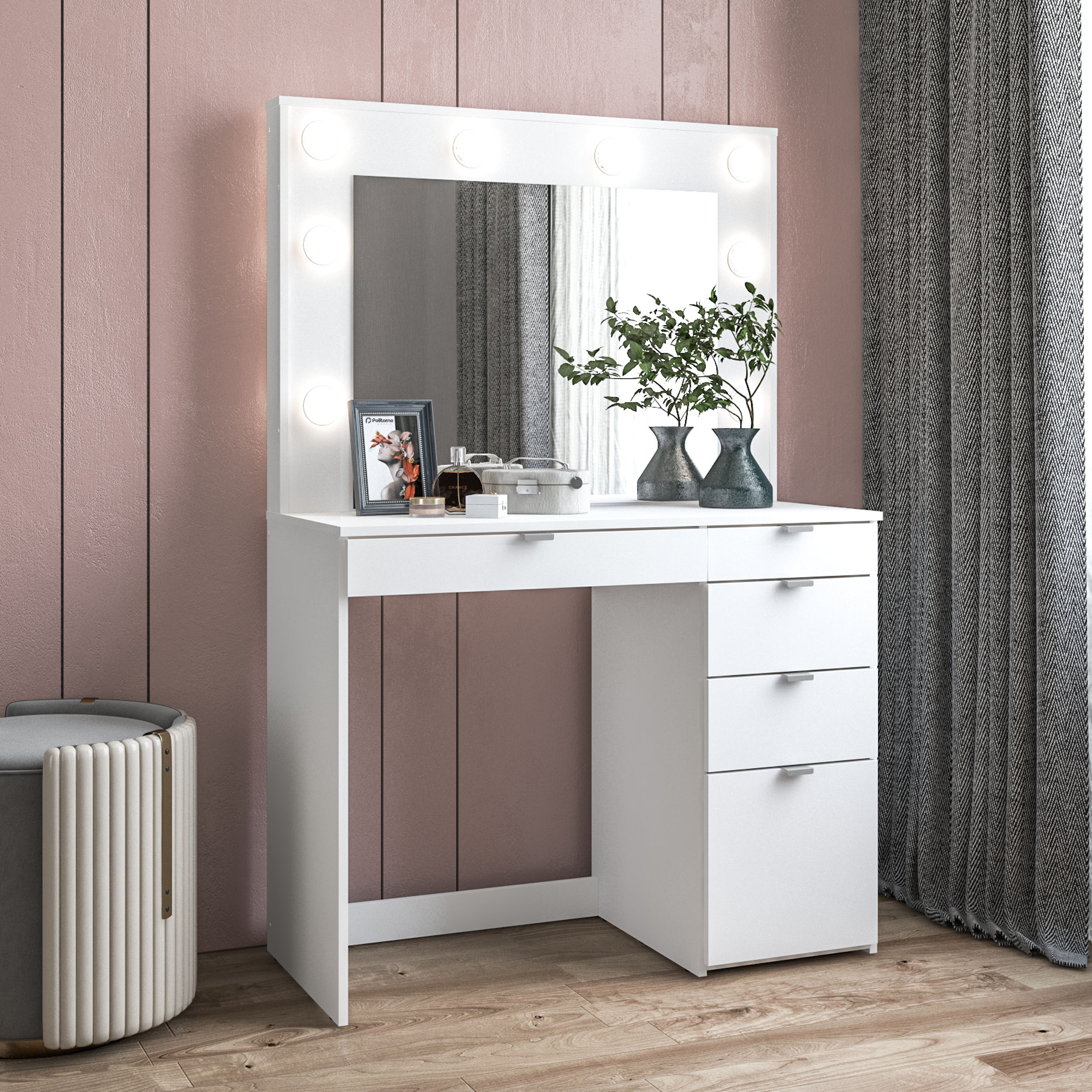 Polifurniture Harper Modern Bedroom Vanity Table with Lighted Mirror ...