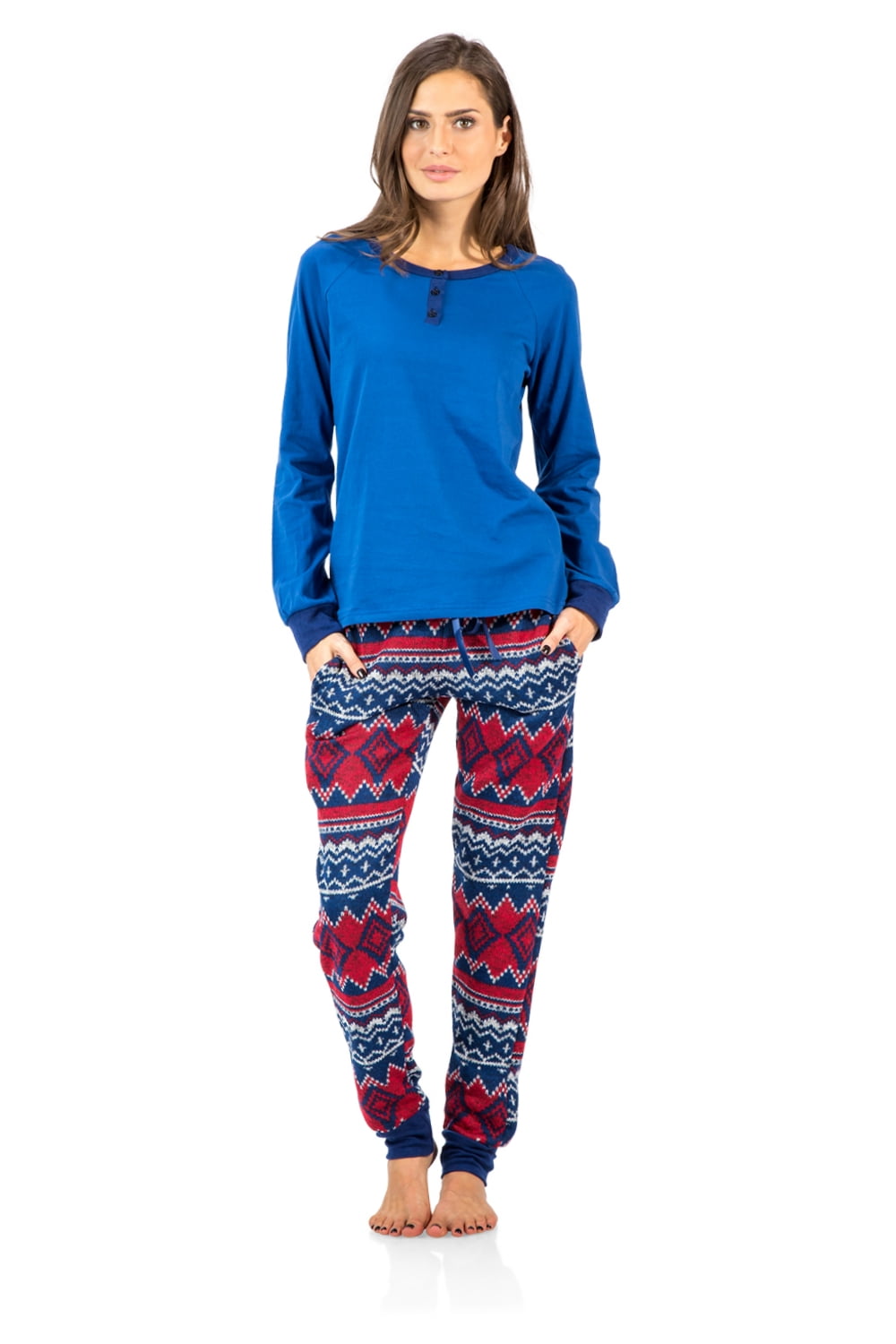 Women's Cotton Henley with Sweater Fleece Pants Pajama Set - Walmart.com