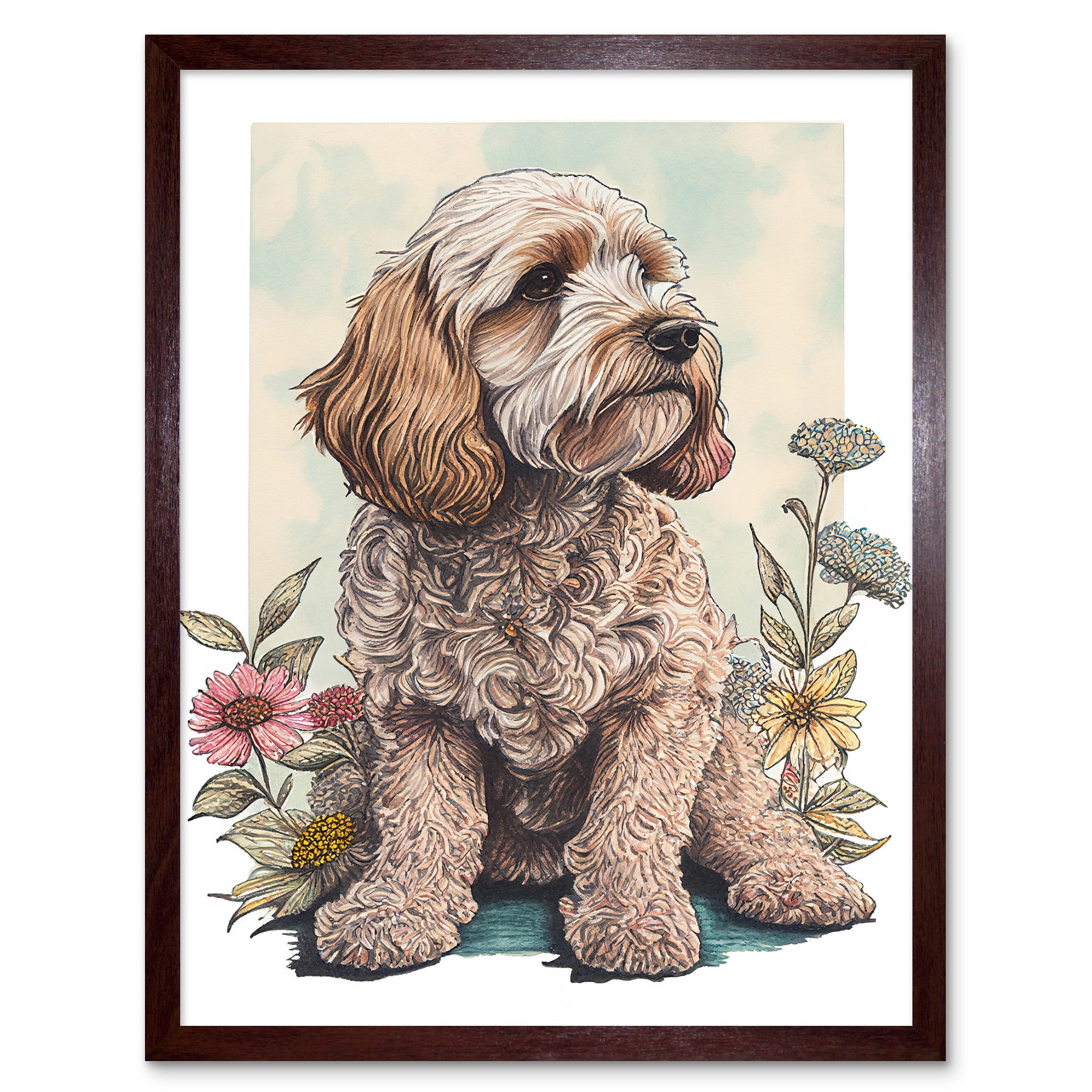 Cockapoo Dog with Spring Wildflowers Soft Watercolour Illustration Art ...