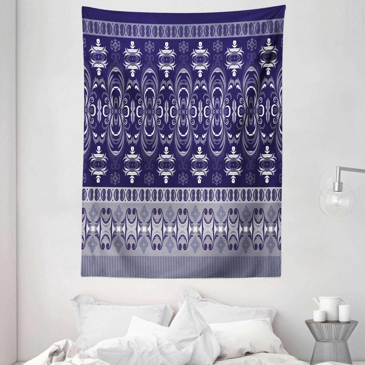 Navy Blue Tapestry, Tribal Ehnic Style Floral Horizontal Design Image ...