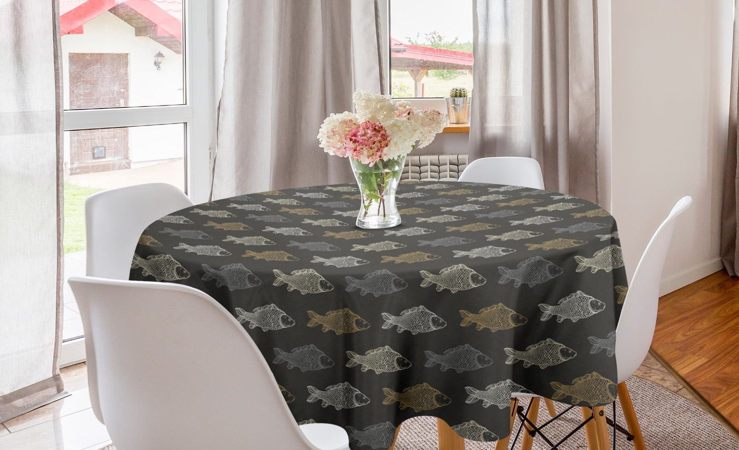 Fish Round Tablecloth, Rhythmic Koi Fish Underwater Pattern on Dark ...