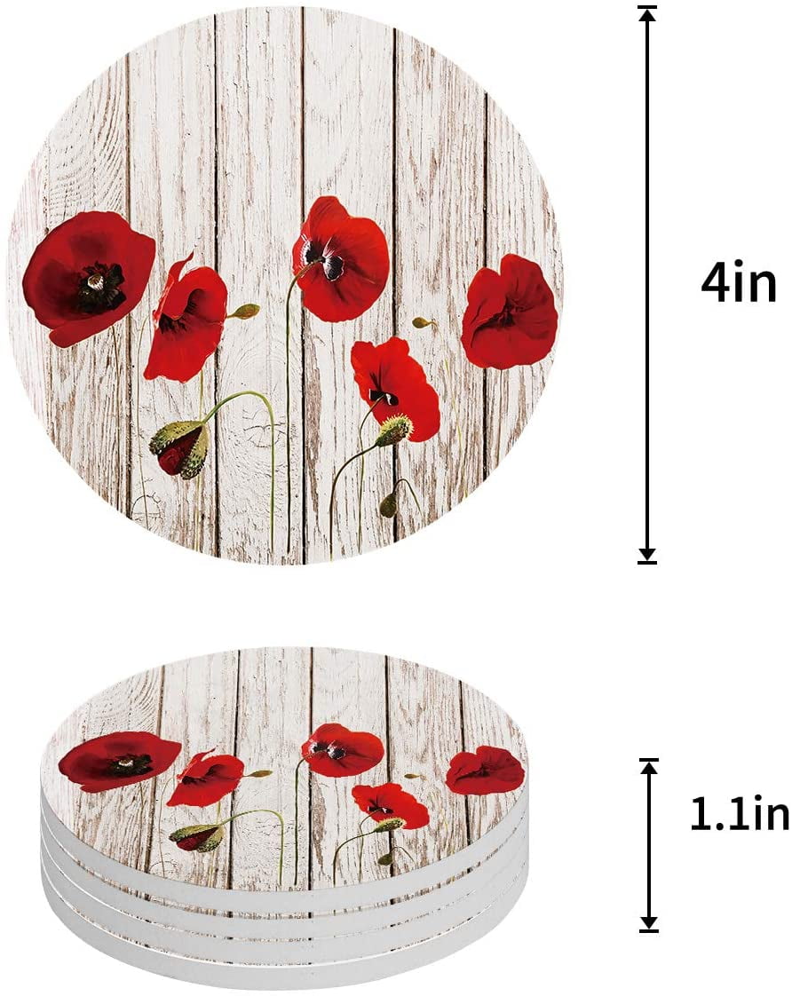 ZHANZZK Red Poppies Retro Wooden Grain Set of 8 Round Coaster for ...