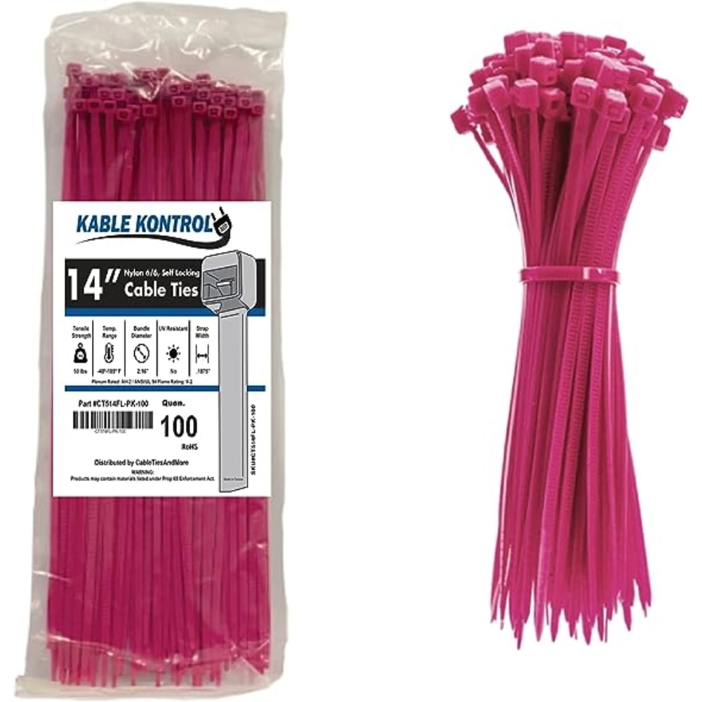 Kable Kontrol Zip Ties - 14" Long - 100 Pc Pk - Fluorescent Pink color - Nylon - 50 Lbs Tensile ...