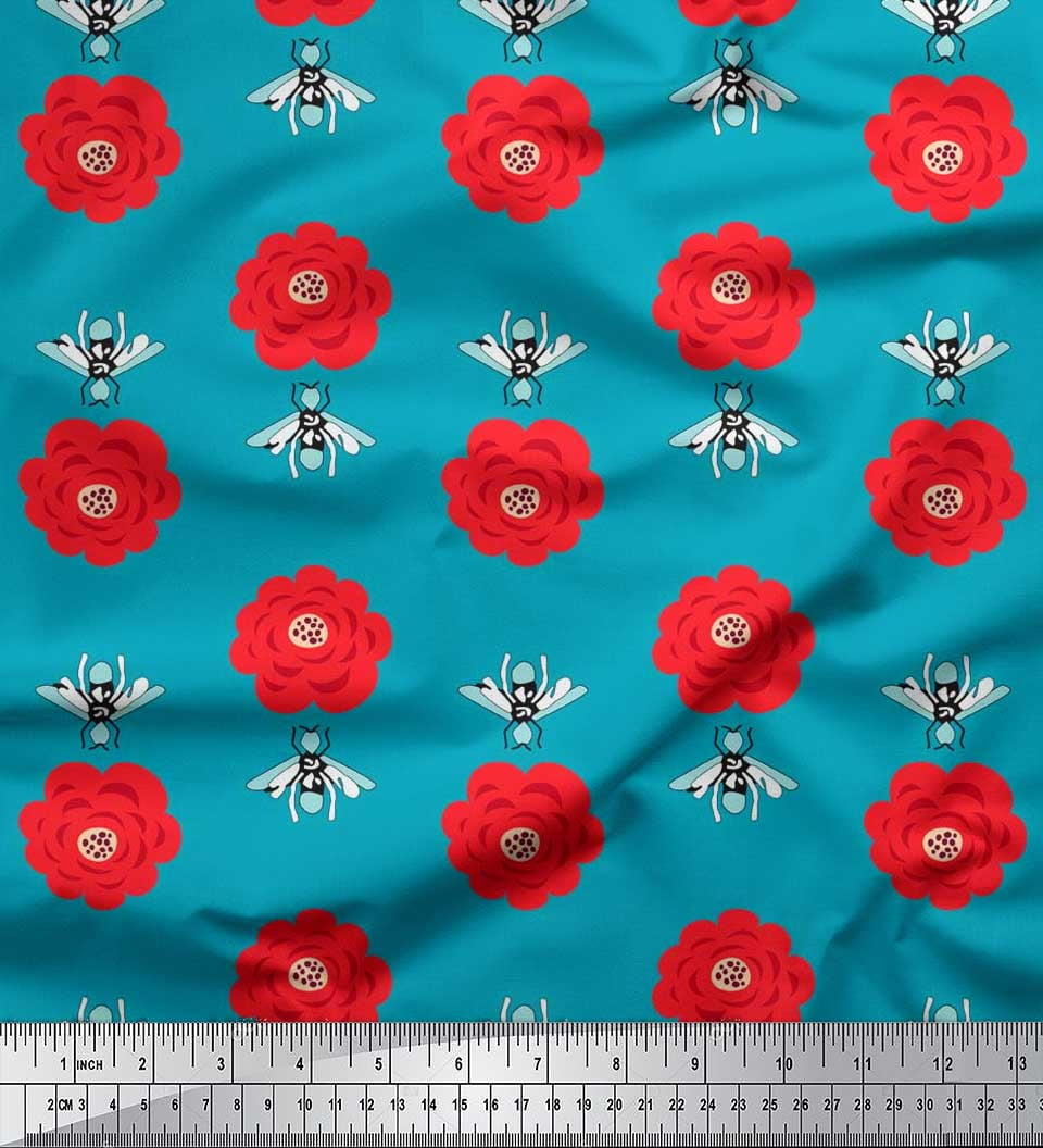 Soimoi Silk Fabric Floral & Bee Insects Print Fabric by Yard 42 Inch ...