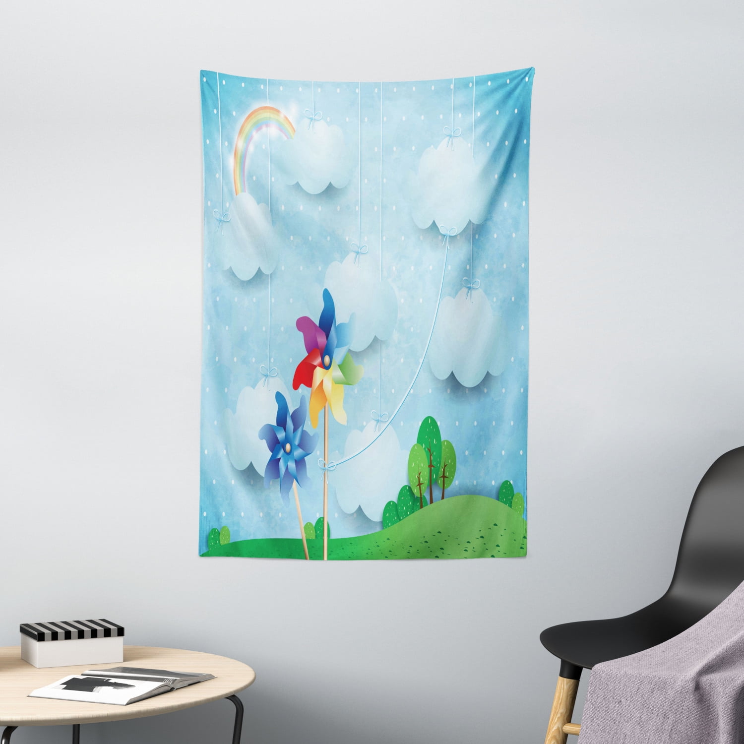 Pinwheel Tapestry, Surreal View with Hanging Cloud Sky Rainbow Idyllic ...