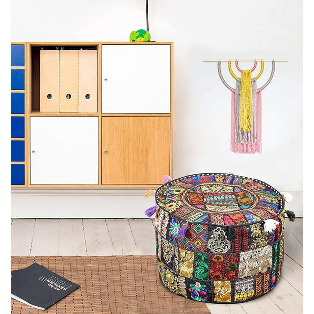 Avgari Indian Cotton Pouf Footstool, Ethnic Embroidery Ottoman Cover ...