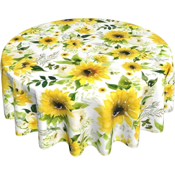 Sunflower Watercolor Floral Round Tablecloth 60 Inch Yellow Flower ...