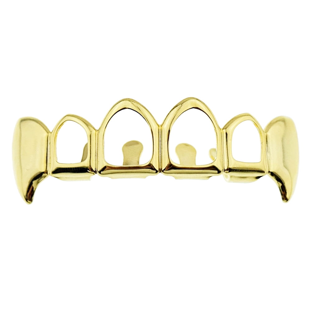 14k Gold Plated Fang Grillz Four 4 Open Face Teeth Upper Top Row ...