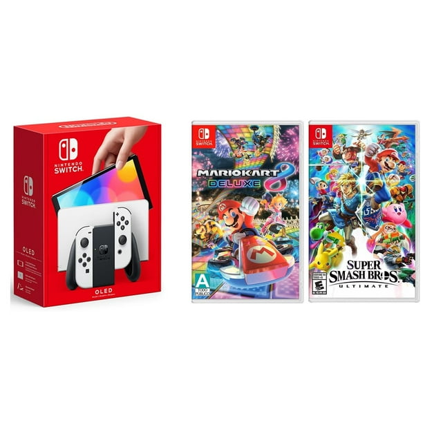 Consola Nintendo Switch OLED Blanca 64GB con Juegos Mario Kart 8 Deluxe y Super Smash Bros ...