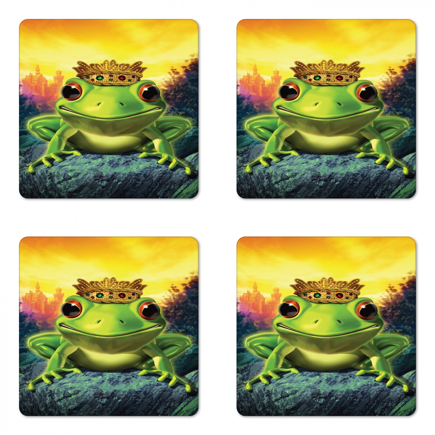 Animal Coaster Set of 4, Frog Prince with Golden Yellow Crown on Rocks ...