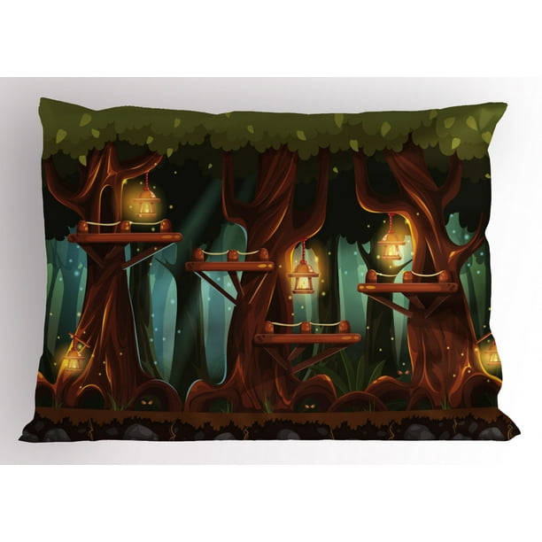 Firefly Pillow Sham, Fairy Forest Woodland with Lanterns and Insects ...