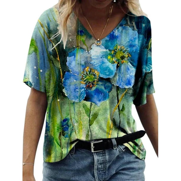 Enwejyy Women Sundress Casual Floral Print V Neck Short Sleeve Loose