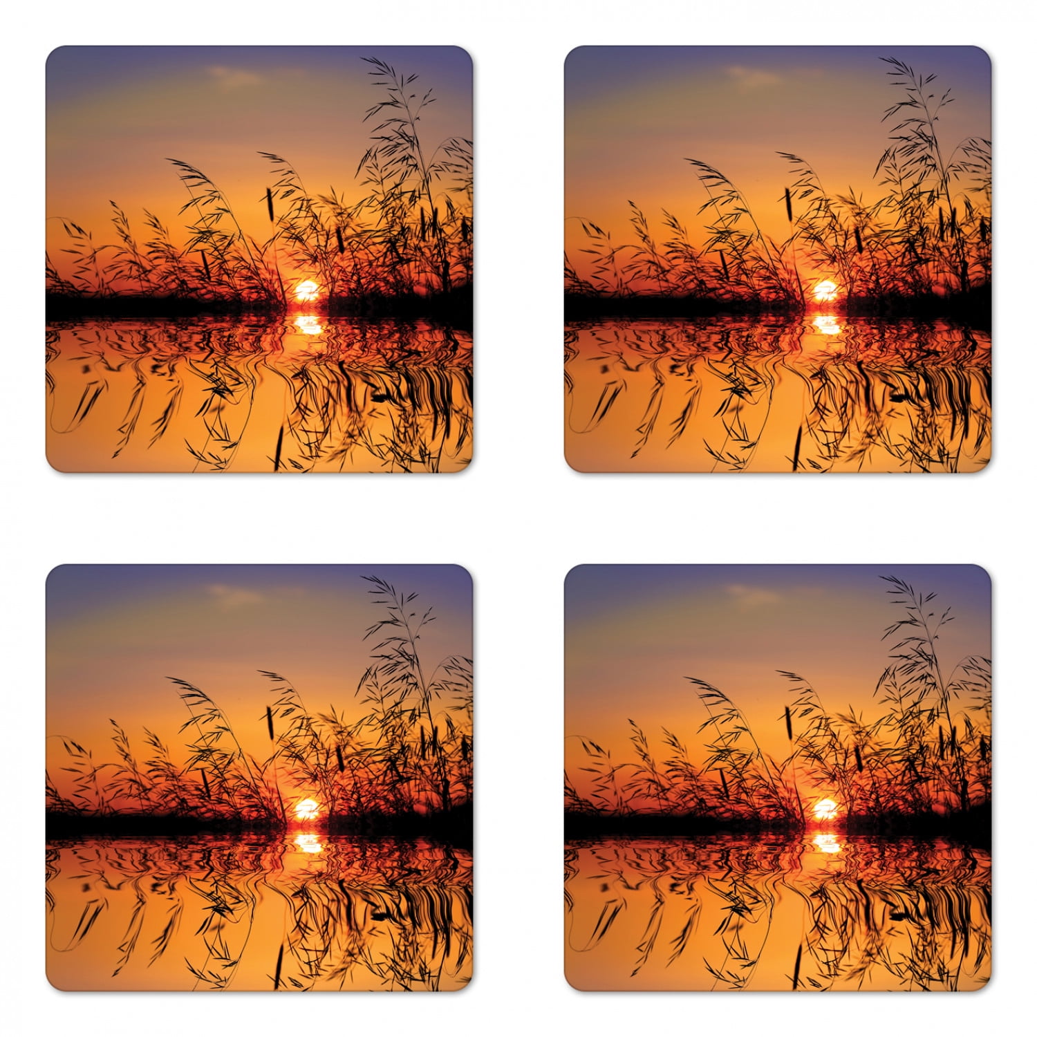Nature Coaster Set of 4, Lake Sunset with Long Reeds Romantic Botanical ...