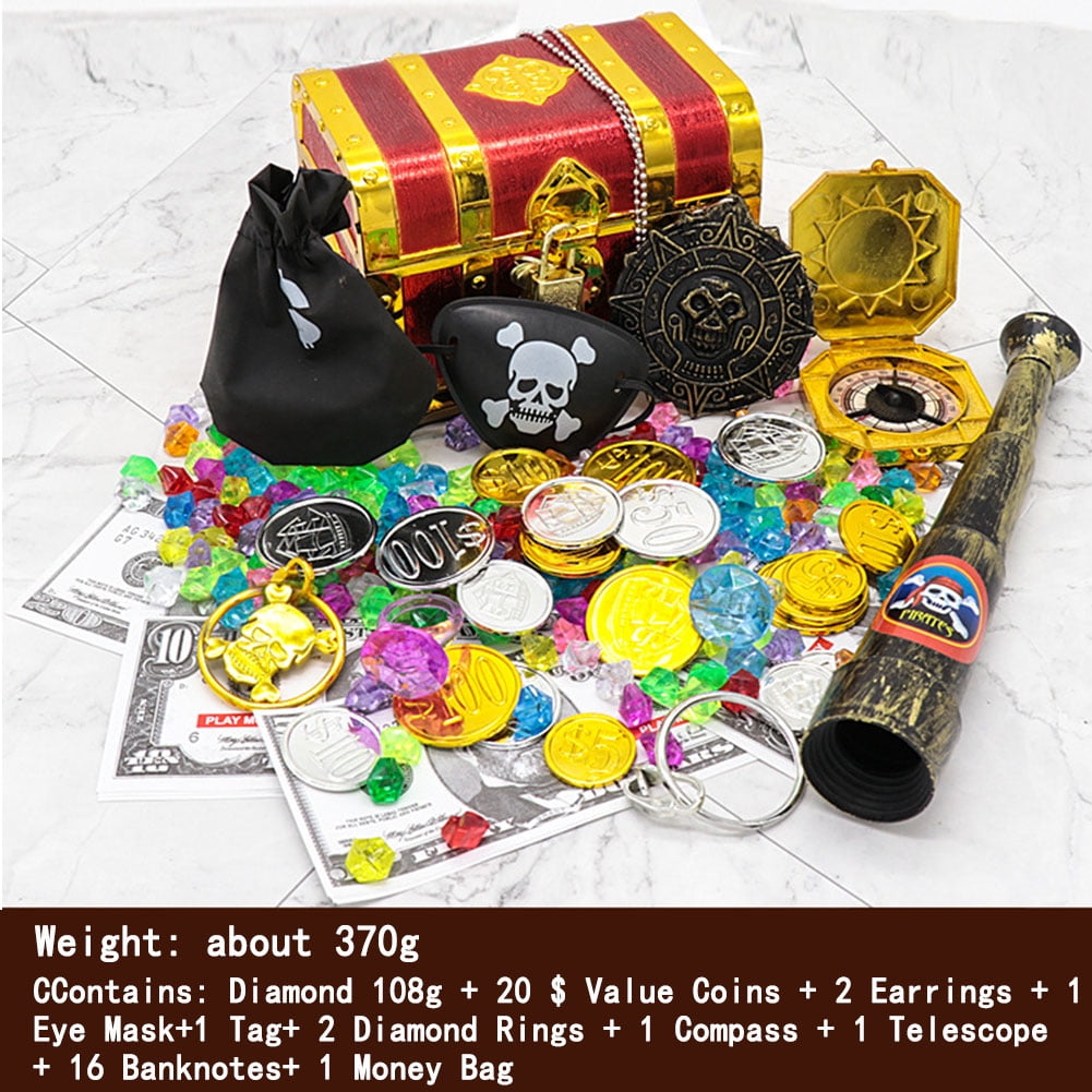 Buy Kids Pirate Treasure Chest Toy Box Gold Color with Lock for Party ...