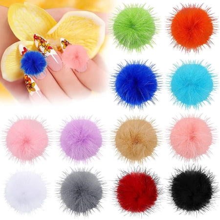 12 Pieces Nail Poms Fluffy Balls 3D Detachable Nail Pompoms Faux Fur ...