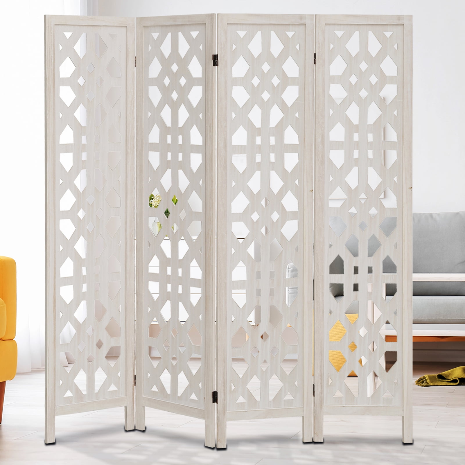 Ecomex 4 Panels Wood Carved Room Divider - Folding Privacy Screen ...