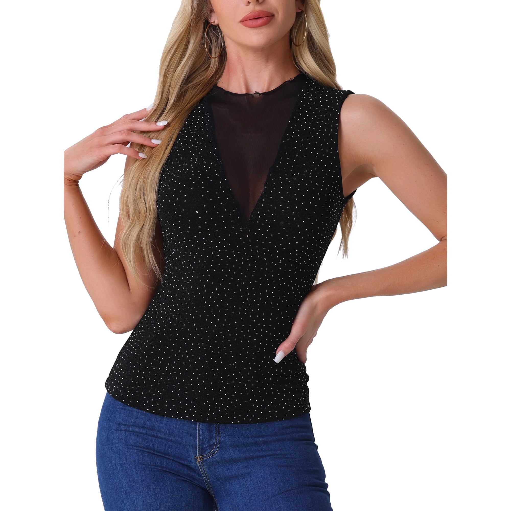 Click here for Inspire Chic Womens Sleeveless Mesh Tops Glitter P... prices