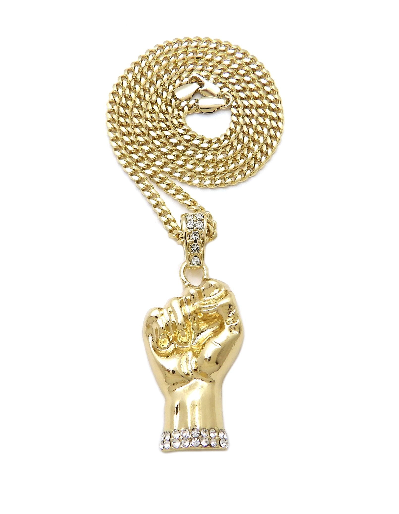 Stud Power Fist Pendant with 3mm Cuban Chain Necklace, Gold-Tone, 20 ...