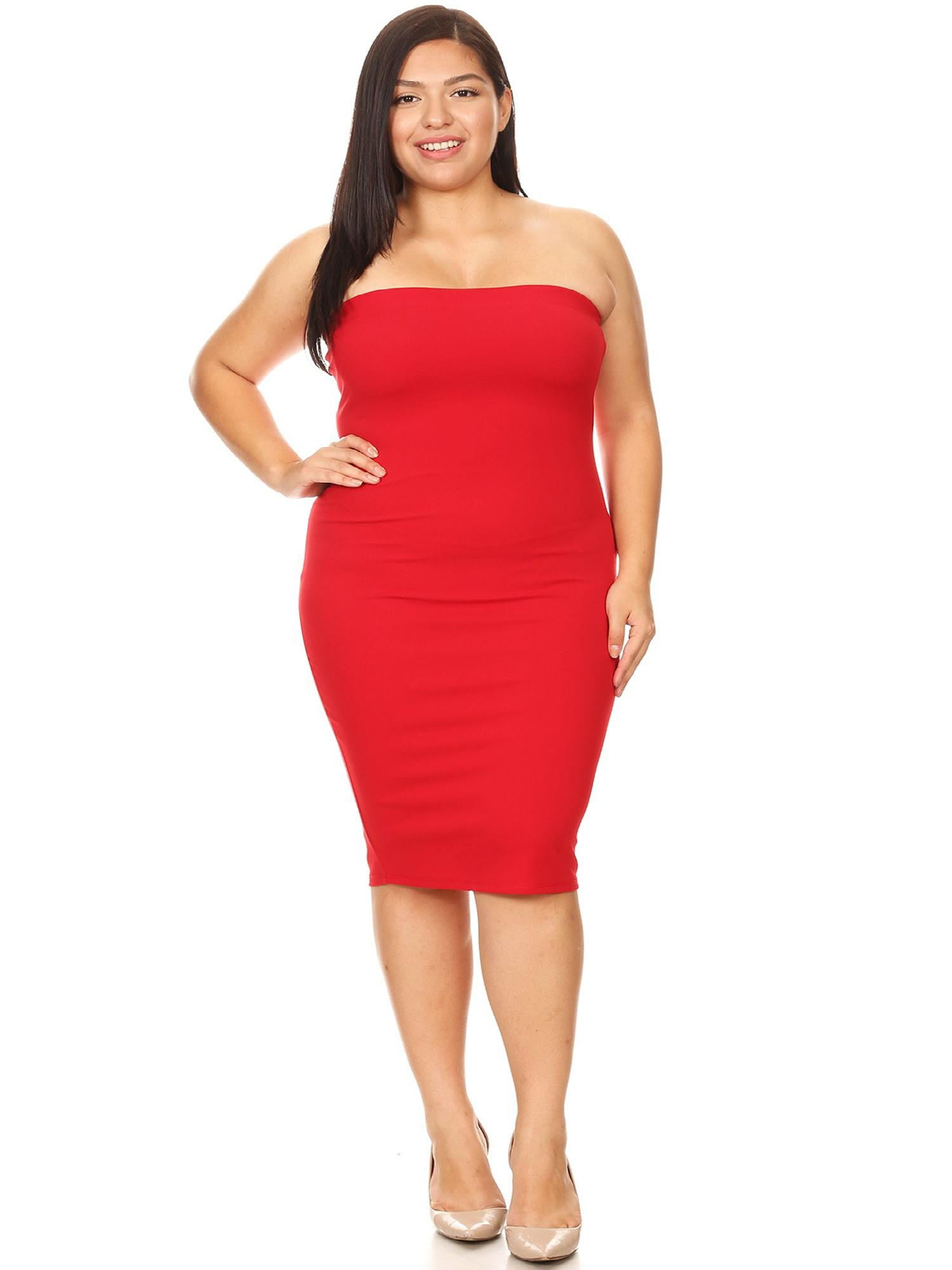Womens Solid Basic Strapless Bodycon Plus Size Thick Mid Length Dress