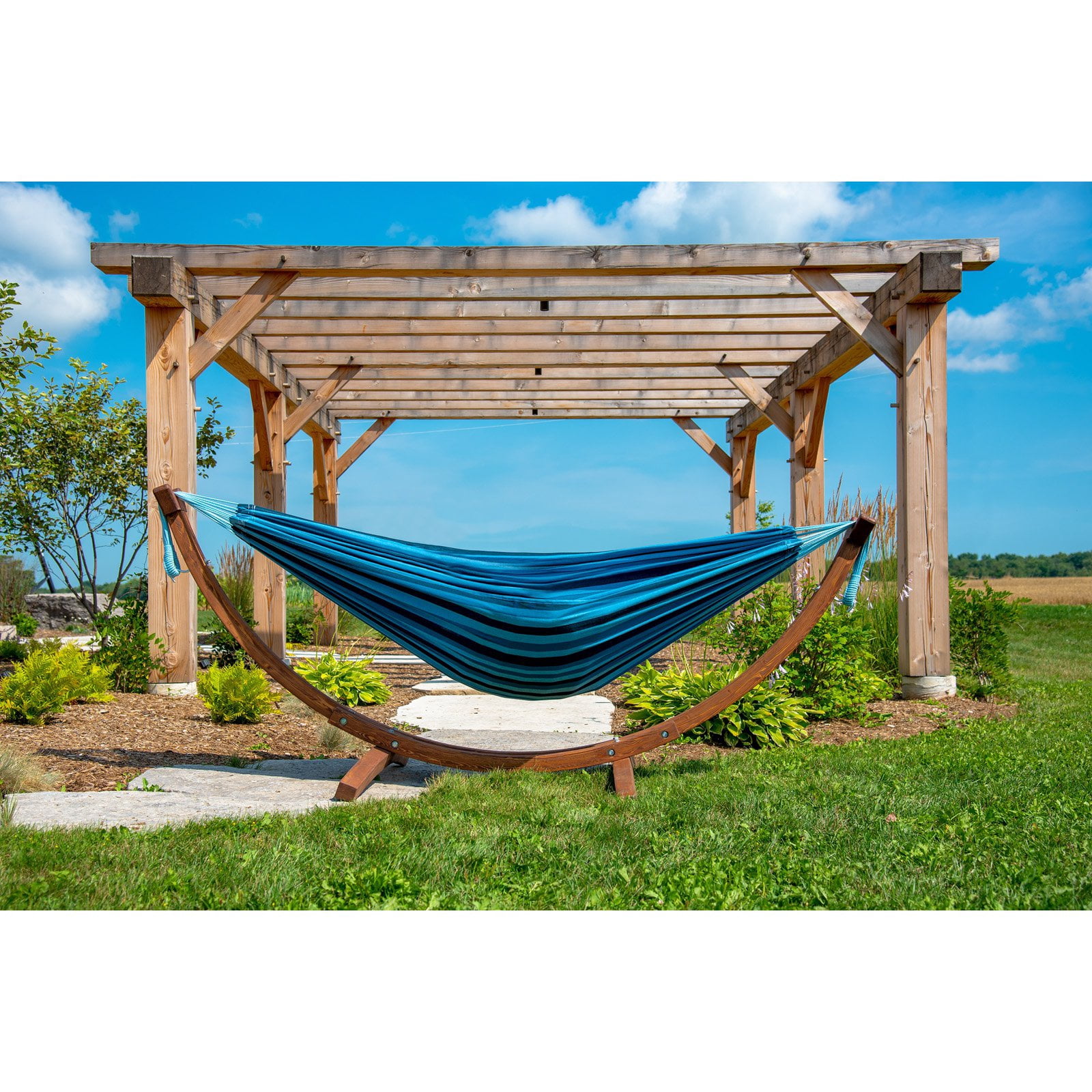 Buy Double Cotton Hammock with Solid Pine Arc Stand - Blue Lagoon (8ft ...