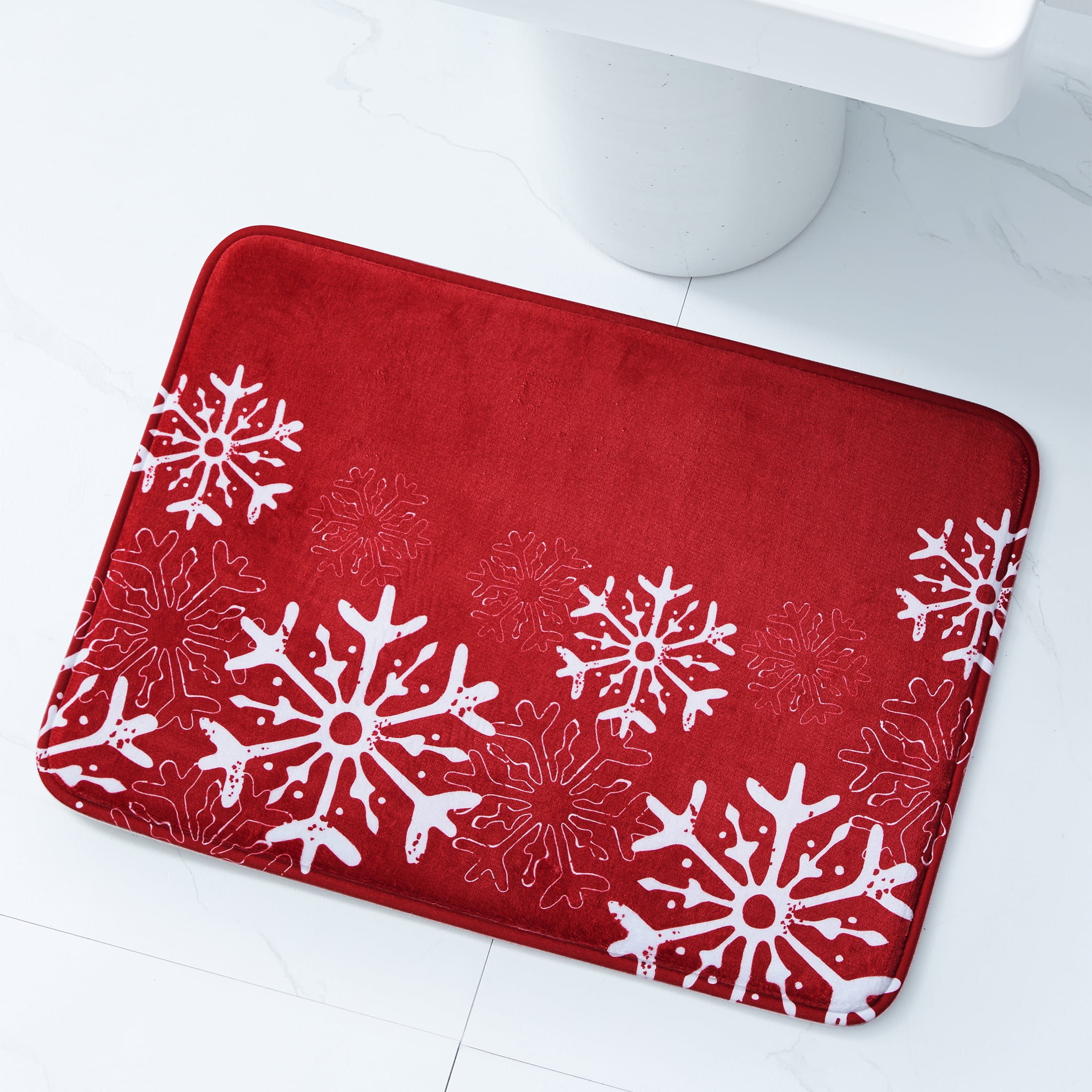 Holiday Time Snowflake Printed Non-Slip Memory Foam Bath Rug, Red, 17 ...
