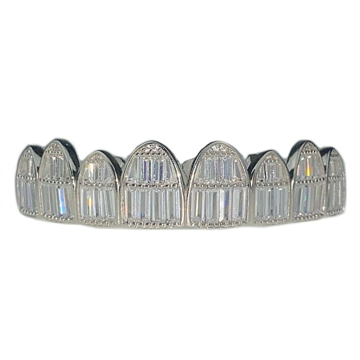 Men's Real Solid 925 Sterling Silver Grillz 8 Tooth Iced CZ Baguettes ...