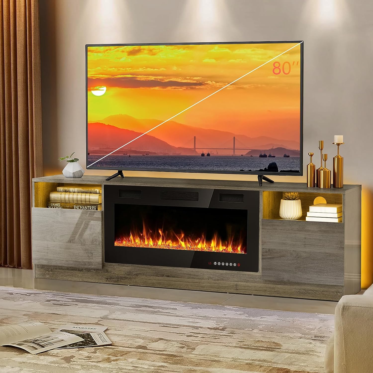 Ofika Fireplace tv Stand with 36 inch Fireplace Up to 80" TVs,LED Light ...