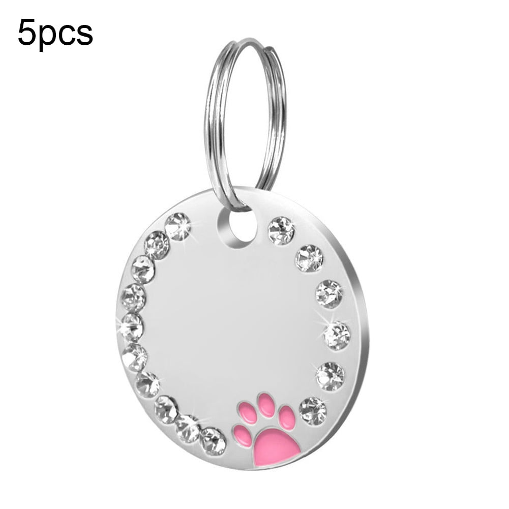 Welling 5Pcs Pet Dog Round Anti-lost Paw Rhinestone ID Name Tags Ring ...