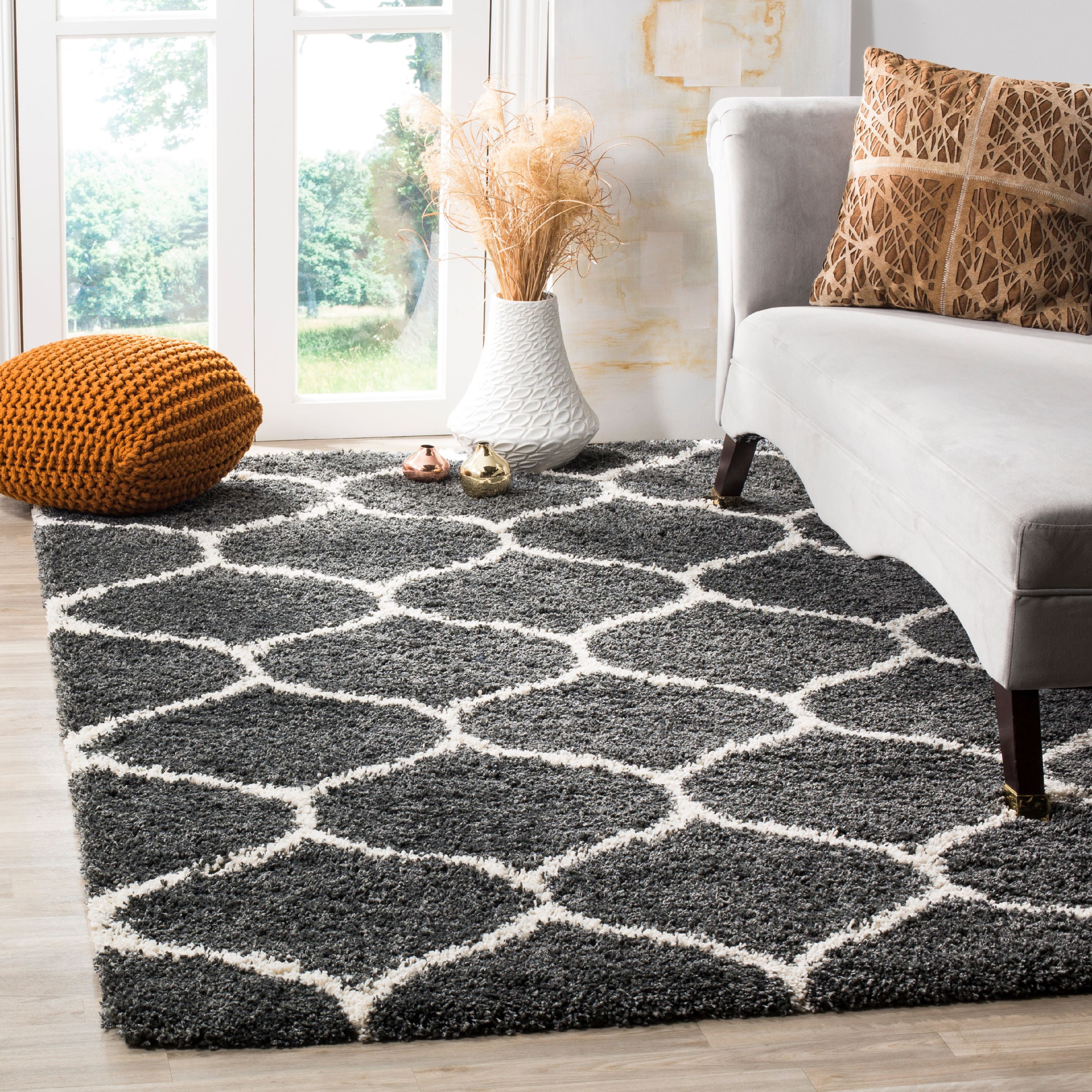 SAFAVIEH Hudson Arline Geometric Shag Area Rug, Dark Grey/Ivory, 7' x 7 ...