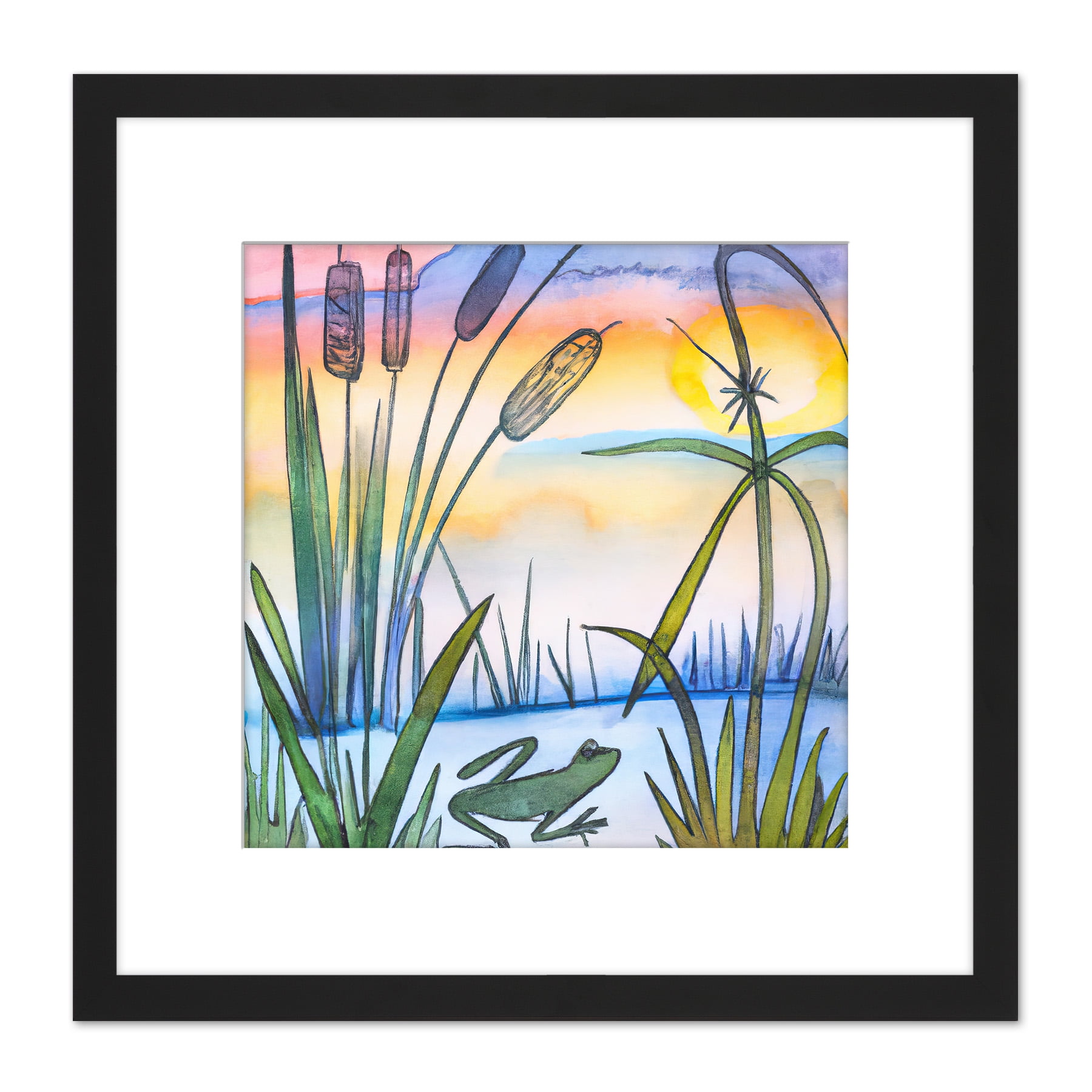 Frog and Bulrushes Pond Wildlife at Sunrise Sunset Oil Painting Square ...