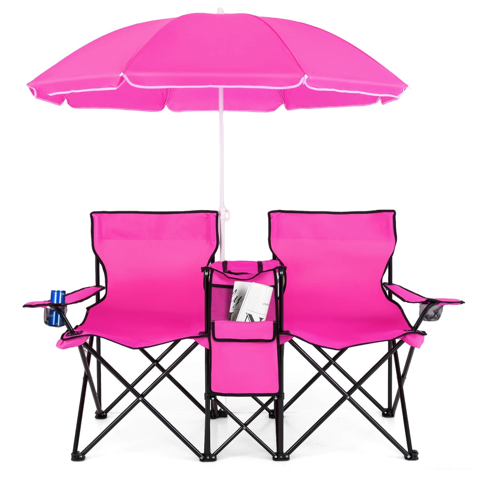 Costway Portable Folding Picnic Double Chair with Umbrella Table Cooler ...