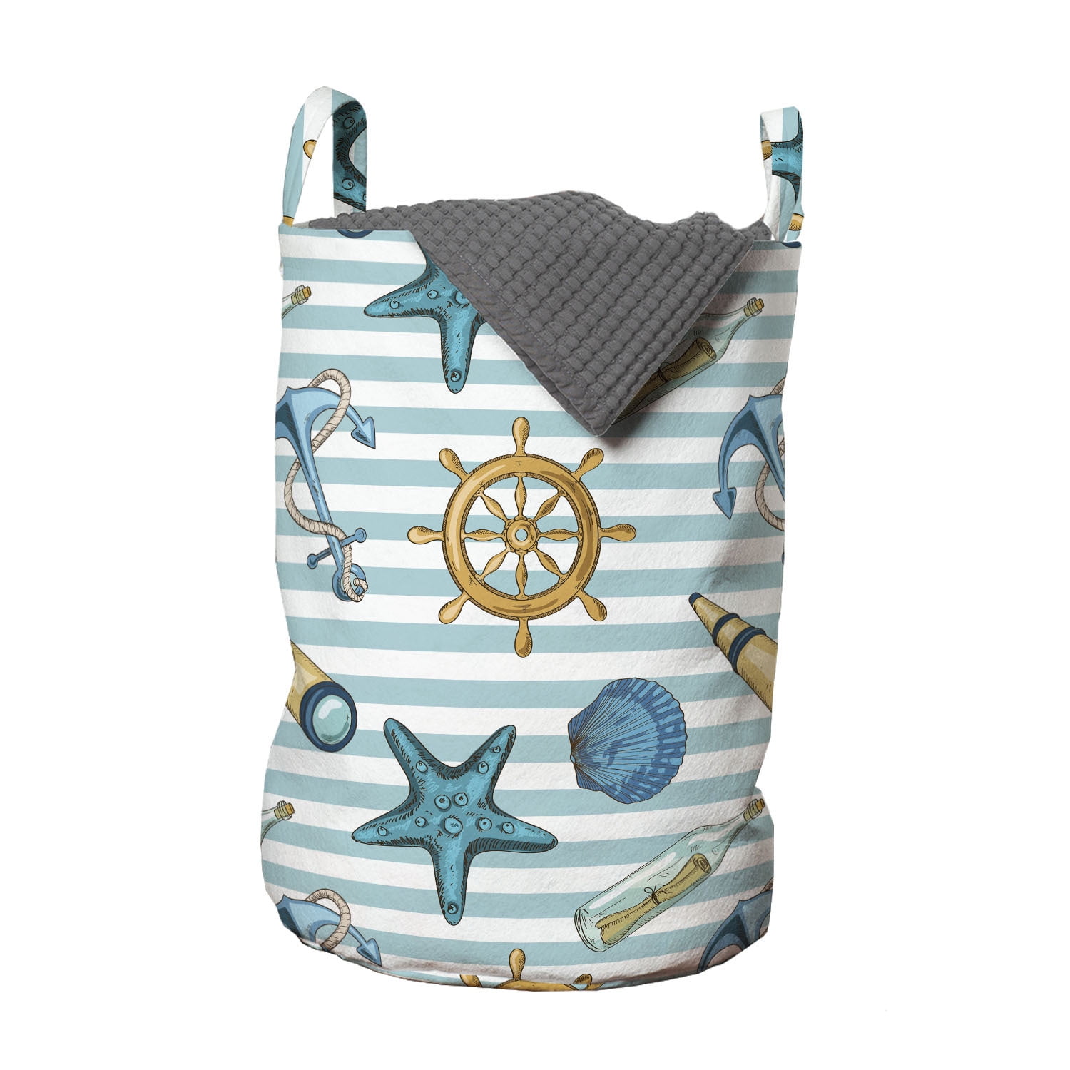 Nautical Laundry Bag, Marine Sea Striped Background with Anchor Wheel ...