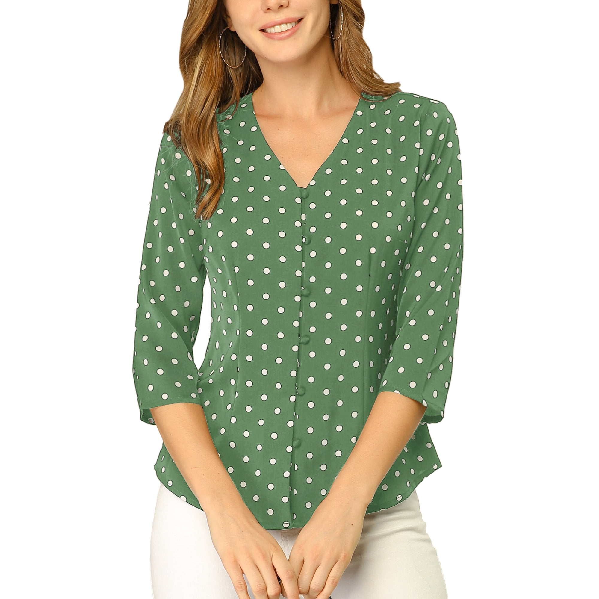 Click here for Inspire Chic Womens Blouse V Neck 3/4 Sleeves Polk... prices